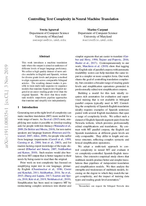 Pdf Controlling Text Complexity In Neural Machine Translation