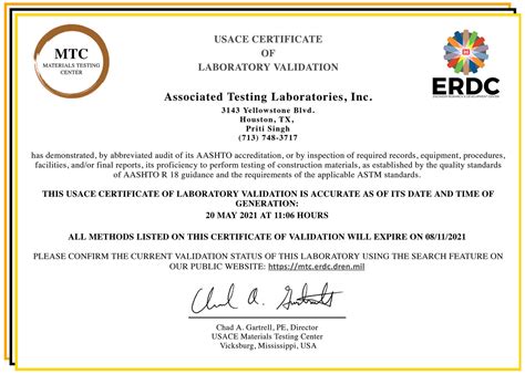 Usace Certificate Associated Testing Laboratories