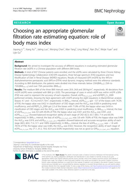 Pdf Choosing An Appropriate Glomerular Filtration Rate Estimating Equation Role Of Body Mass