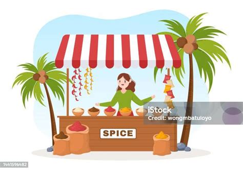 다양한 매운 향신료 조미료 이국적인 신선한 조미료 및 전통 허브가 있는 향신료 가게는 평평한 만화 손으로 그린 템플릿 그림 계피에 대한 스톡 벡터 아트 및 기타 이미지