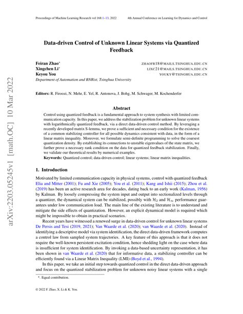 Pdf Data Driven Control Of Unknown Linear Systems Via Quantized Feedback