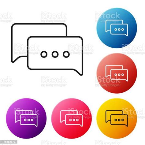 흰색 배경에 격리 된 검은 선 음성 거품 채팅 아이콘입니다 메시지 아이콘입니다 통신 또는 댓글 채팅 기호입니다 아이콘 다채로운 원 버튼을 설정합니다 벡터 일러스트레이션