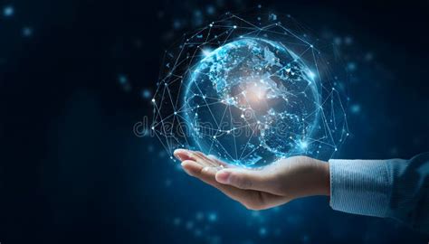 Hand Holding Globe With Network Connecting Data Implement Of Digital Technology Stock