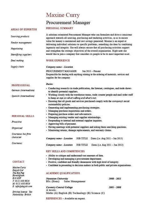 Procurement Manager CV Template Job Description Sample Resume Purchasing CVs