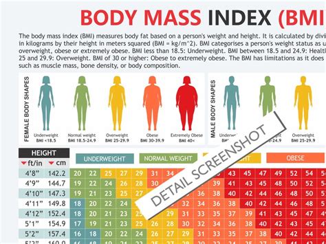 Body Mass Index Chart Digital Download Pdf Height And Weight Body Fat Healthy Weight Waist