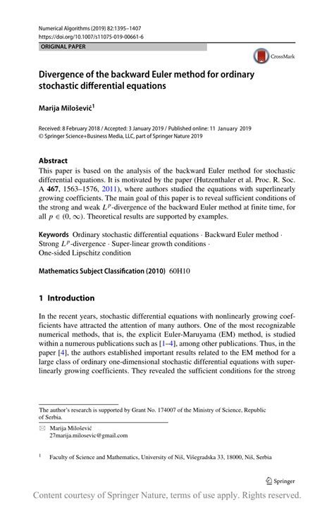 Divergence Of The Backward Euler Method For Ordinary Stochastic Differential Equations Request Pdf