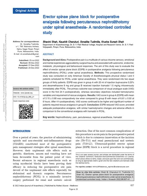 Erector Spinae Plane Block For Postoperative 5 Pdf Anesthesia Analgesic