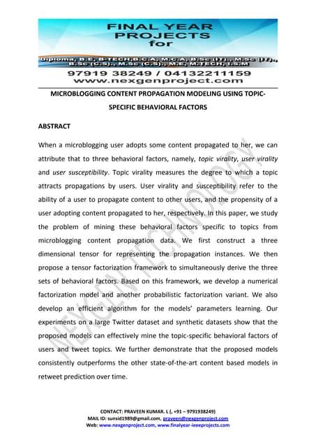 Microblogging Content Propagation Modeling Using Topic Specific
