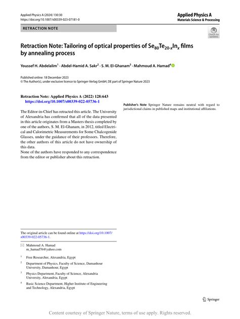Retraction Note Tailoring Of Optical Properties Of Se80te20 Xinx Films
