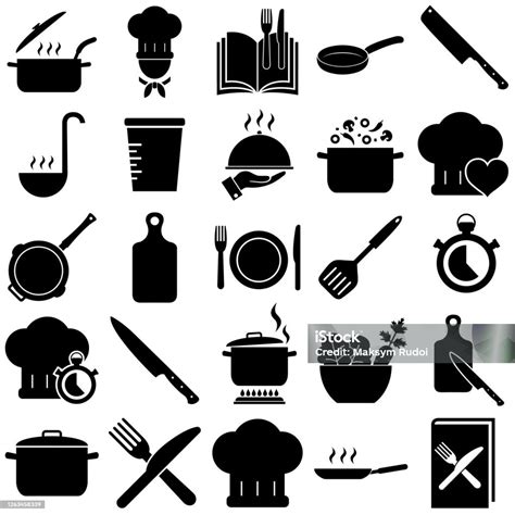 흰색 배경에 고립 된 요리 및 주방 세트 아이콘 주방 항목 및 액세서리 아이콘 아이콘 세트에 대한 스톡 벡터 아트 및 기타 이미지 아이콘 세트 요리하기 음식 준비
