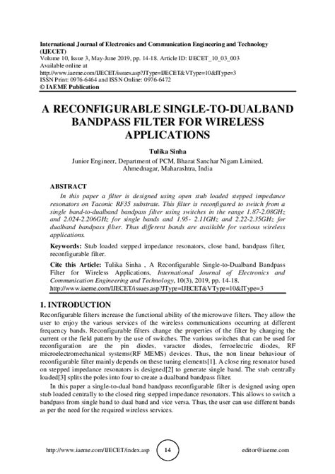 Pdf A Reconfigurable Single To Dualband Bandpass Filter For Wireless Applications