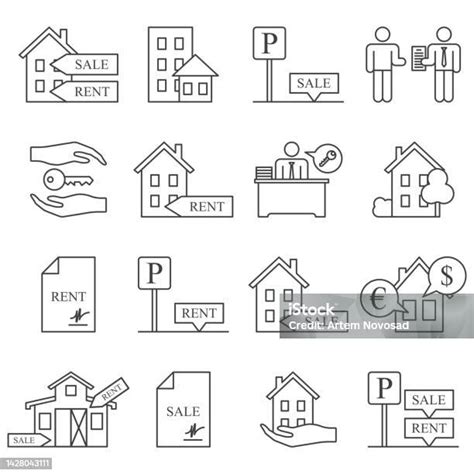 부동산 임대 및 판매 아이콘 세트 집 주차 공간 부동산업자 및 기타 사물의 선형 기호 그룹의 이미지 흰색 배경에 고립 된 벡터 0명에 대한 스톡 벡터 아트 및 기타 이미지