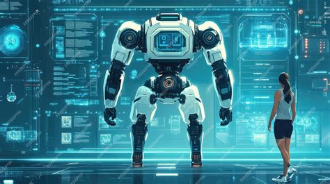 Futuristic Robot And Human Interaction In Advanced Tech Environment Premium Ai Generated Image