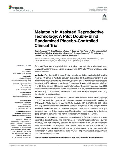 Pdf Melatonin In Assisted Reproductive Technology A Pilot Double Blind Randomized Placebo