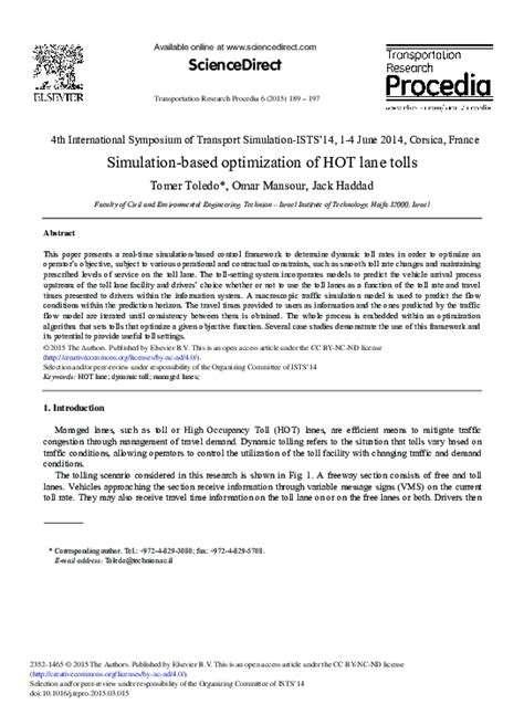 Pdf Simulation Based Optimization Of Hot Lane Tolls