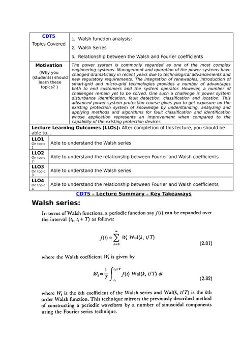 Relationship Between The Walsh And Fourier Coefficients 5 Cdt Topics Covered 1 Walsh Function