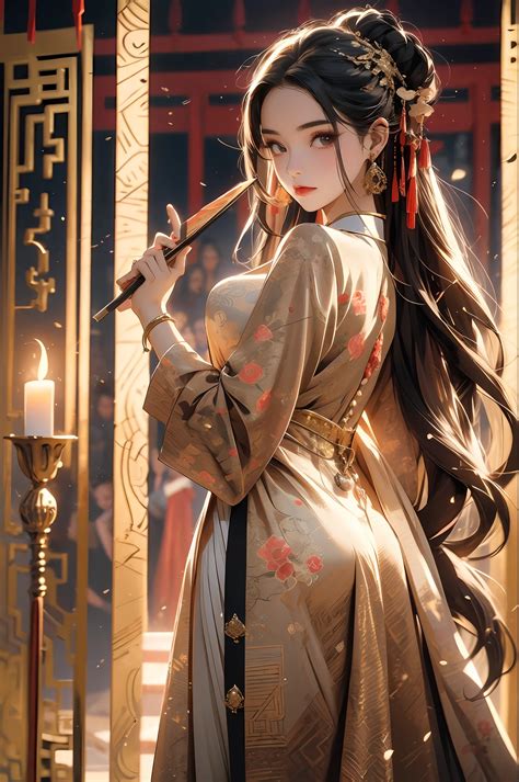 출입구 앞에 칼을 들고 긴 드레스를 입은 여자 Seaart Ai