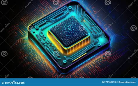 Futuristic Modern New Computer Processor Chip Colorful Neon Glowing Cpu Model Of Microprocessor
