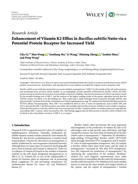 Pdf Enhancement Of Vitamin K2 Efflux In Bacillus Subtilis Natto Via A Potential Protein