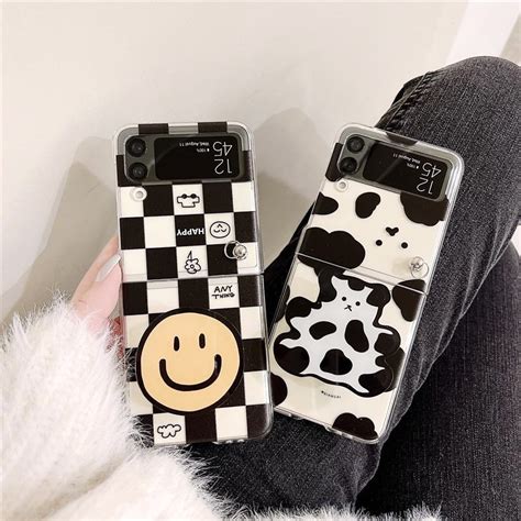 🚀당일발송 스마트톡증정 갤럭시 제트플립 Zflip 3 4 블랙 체크 패턴 옐로우 스마일 얼룩 패턴 투명 케이스 에이블리