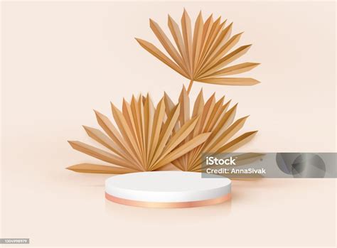 열대 잎을 가진 최소한의 3d 현실적인 둥근 받침대 현대 후보 상 스탠드 모형 씬 팜 렌더 디자인 제품 화장품 패션 스튜디오 디스플레이 무대를 위한 벡터 포디움 플랫폼 3