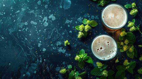 Two Glasses Of Beer On Dark Surface Surrounded By Hops And Green Leaves Premium Ai Generated Image
