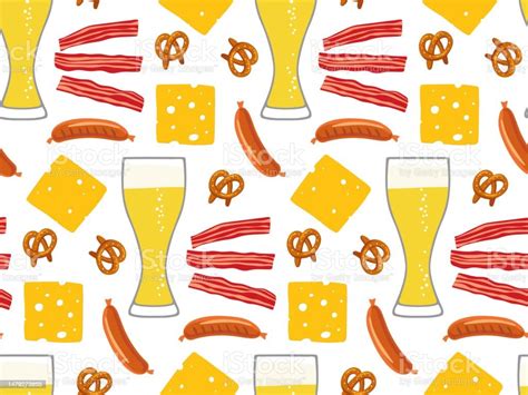 흰색 바탕에 맥주 잔 소시지 프레즐 치즈 슬라이스 베이컨이 있는 매끄러운 패턴 평면 벡터 디자인입니다 전통적인 바이에른 음식 옥토버 페스트 배경 인쇄 스크랩북 카드 Ale에