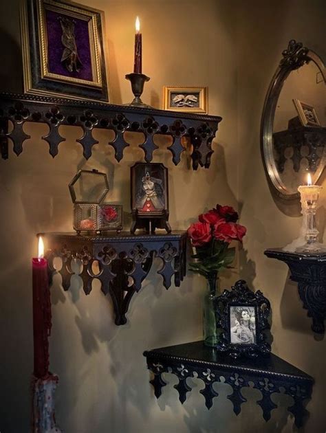 Victorian Gothic Decor Shelf With Candles And Flowers