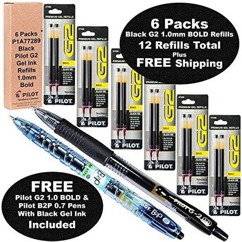 Pilot G2 Retractable Black Gel Ink 1 0mm Bold Pt 6 Packs Refills 1 G2 Pen And 1 B2p Pen