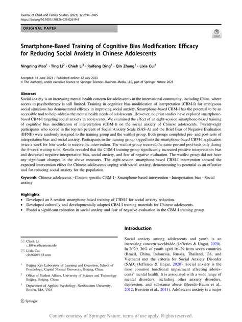 Smartphone‐based Training Of Cognitive Bias Modification Efficacy For Reducing Social Anxiety