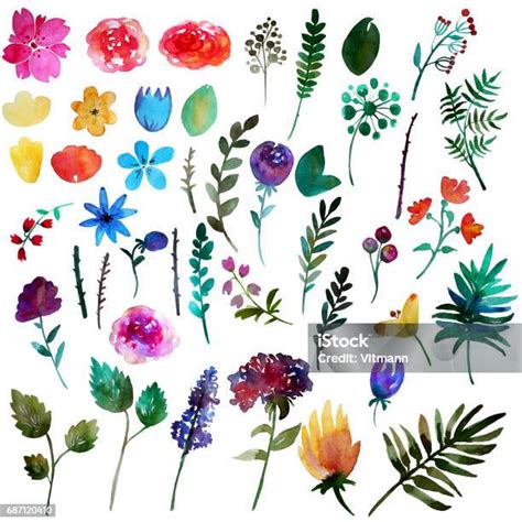 수채화 색된 활의 설정 하 고 격리 하는 흰색 바탕에 빨간색 녹색 파란색 노란색 낙서 꽃 손으로 그린 요소입니다 섬유 벽지에 대 한 밝은 예술 빈티지 텍스처입니다 여름 인쇄