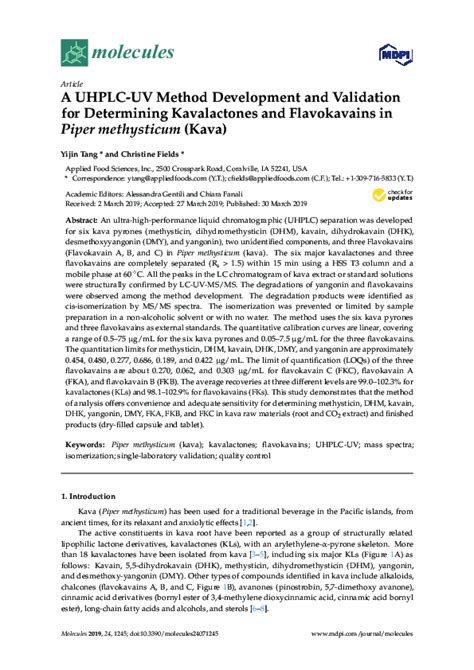 Pdf A Uhplc Uv Method Development And Validation For Determining Kavalactones And Flavokavains