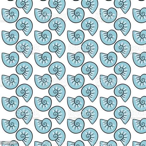 벡터는 바다 여행 모험 및 발견을 주제로 한 추상적인 이음새가 없는 패턴입니다 손으로 그린 조개껍데기 스케치가 있는 빈티지 반복 배경 갑오징어류에 대한 스톡 벡터 아트 및