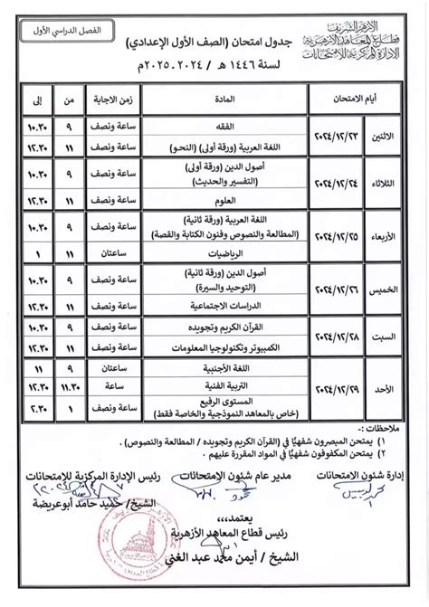 جدول امتحانات الصف الاول الاعدادي الأزهري الموجز