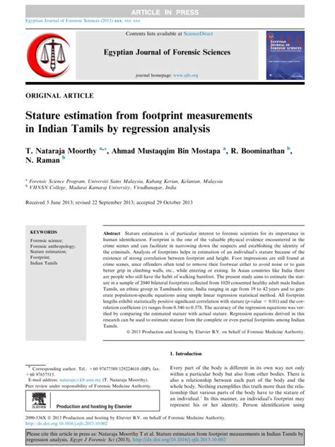 Stature Estimation From Footprint Measurements In Pdf