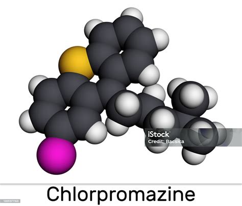 클로르프로마진 Cpz 분자 페노티아진 항 정신병 메스꺼움을 치료하는 데 사용 구토 불안 정신 분열증 양극성 장애 분자 모델 3d 렌더링 3차원 형태에 대한 스톡 벡터 아트