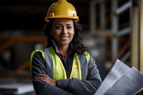 Premium Ai Image Visionary Female Engineer Blueprint Mastery In Construction