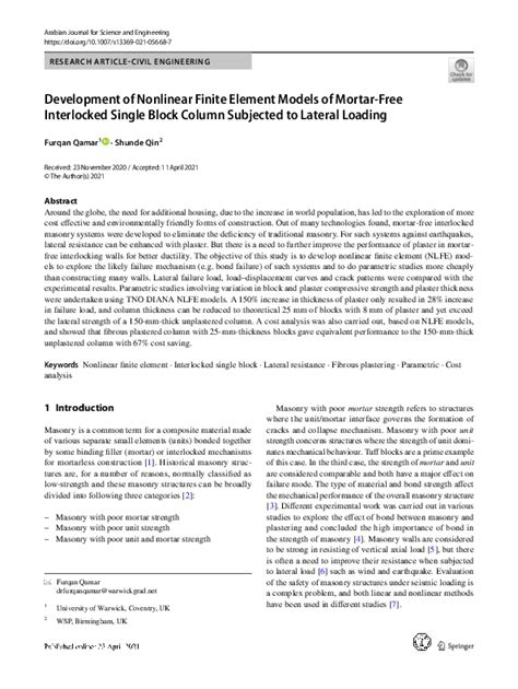 Pdf Development Of Nonlinear Finite Element Models Of Mortar Free