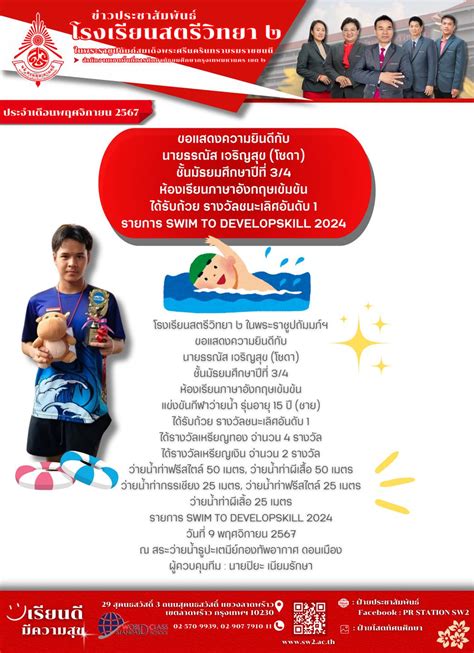 โรงเรียนสตรีวิทยา ๒ ในพระราชูปถัมมภ์ฯ 💐 ขอแสดงความยินดีกับ 🏊🏻‍♂️ นายธรณัส เจริญสุข โซดา ชั้น