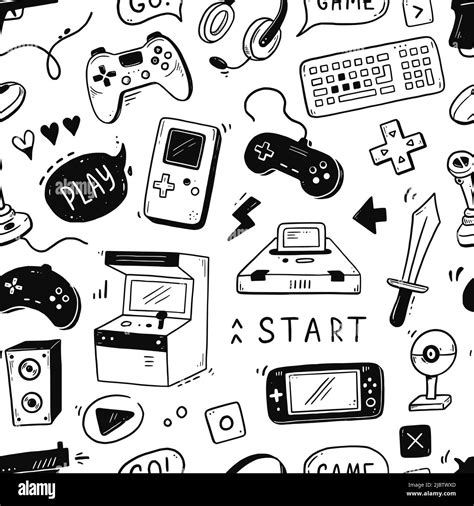 Video Game Hand Drawn Doodle Seamless Pattern Video Gamer Console Joystick Controller Element