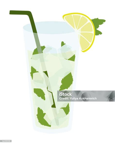 라임 레모네이드 플랫 스타일 벡터 그림입니다 빨대 얼음 조각 유리에 민트를 곁들인 만화 여름 음료 상쾌한 차가운 과일 음료