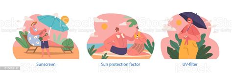 캐릭터가 있는 고립된 요소는 자외선 차단제를 바르고 모자를 쓰고 우산을 사용하여 자신을 보호합니다 벡터 일러스트레이션 개념에 대한 스톡 벡터 아트 및 기타 이미지 Istock