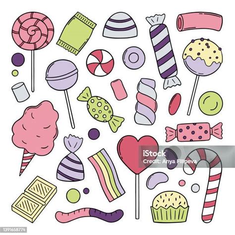 손으로 그린 과자와 사탕 낙서 세트 롤리팝 캐러멜 초콜릿 마시멜로 스케치 스타일 흰색 배경에 고립된 벡터 일러스트레이션입니다 0명에 대한 스톡 벡터 아트 및 기타 이미지