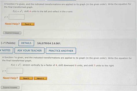 Solved A Function F Is Given And The Indicated Transformations Are Applied To Its Graph In
