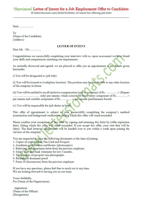 Letter Of Intent Format For A Job Employment Offer To Candidate