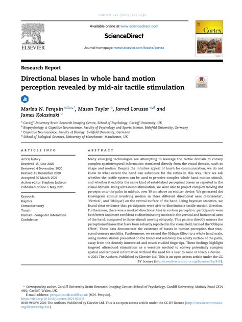 Pdf Directional Biases In Whole Hand Motion Perception Revealed By Mid Air Tactile Stimulation