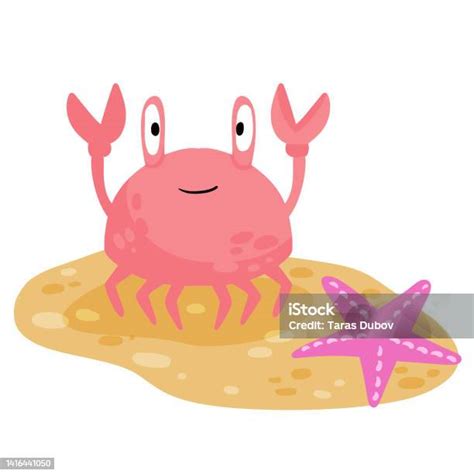 해변에서 재미있는 게 발톱이있는 분홍색 조개껍질이 해안을 따라 걷습니다 귀여운 아이들이 그림을 그립니다 불가사리가있는 모래 갈고리 발톱에 대한 스톡 벡터 아트 및 기타