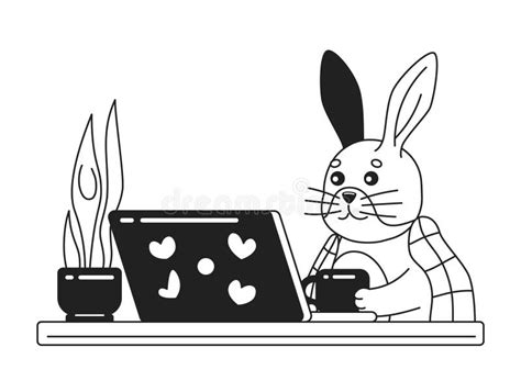 Blanket Covered Rabbit Near Laptop Black And White Cute Chill Lo Fi