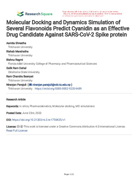 Pdf Molecular Docking And Dynamics Simulation Of Several Flavonoids Predict Cyanidin As An