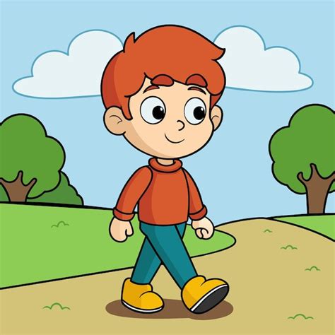 Una Caricatura De Un Niño Caminando En Un Parque Con Una Montaña En El